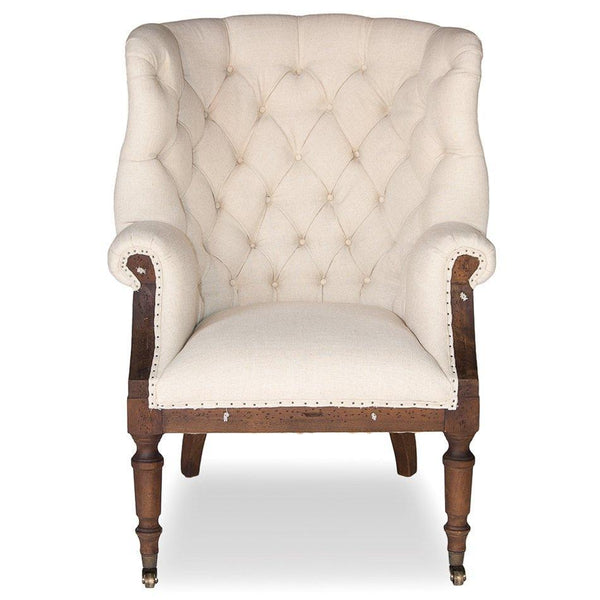 Deconstructed French White Tufted Arm Chair with Burlap Back