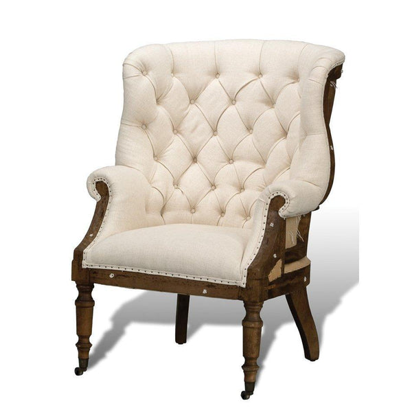 Deconstructed French White Tufted Arm Chair with Burlap Back