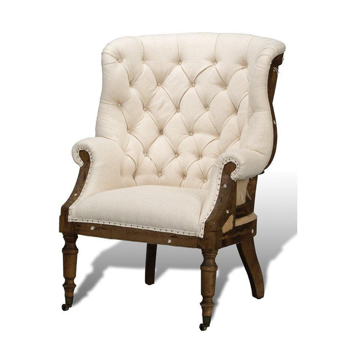 Deconstructed French White Tufted Arm Chair with Burlap Back