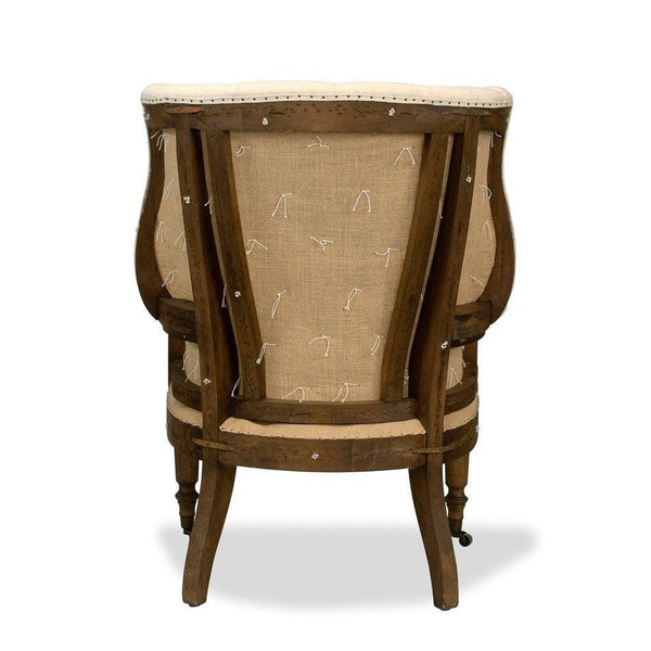 Deconstructed French White Tufted Arm Chair with Burlap Back