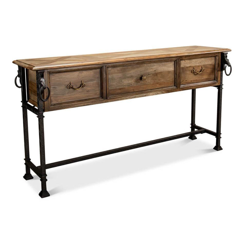 Forged Iron and Wood Console Table with Metal Horse Hardware