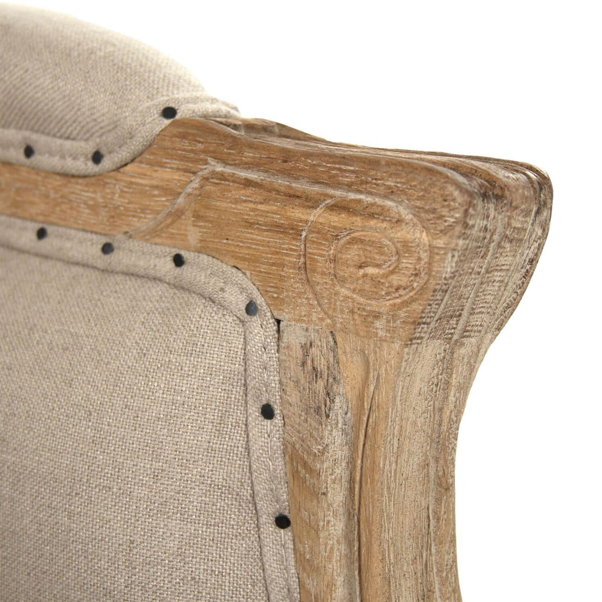 Wood Carved French Burlap Club Chair